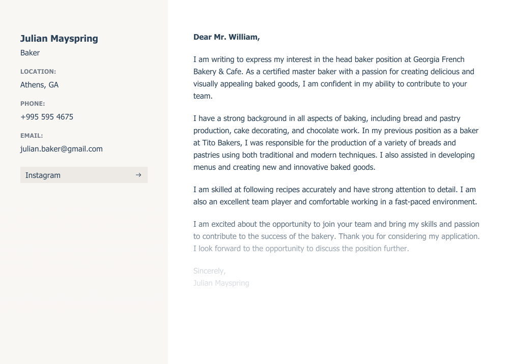 Baker Cover Letter Example and Writing Guide for 2023