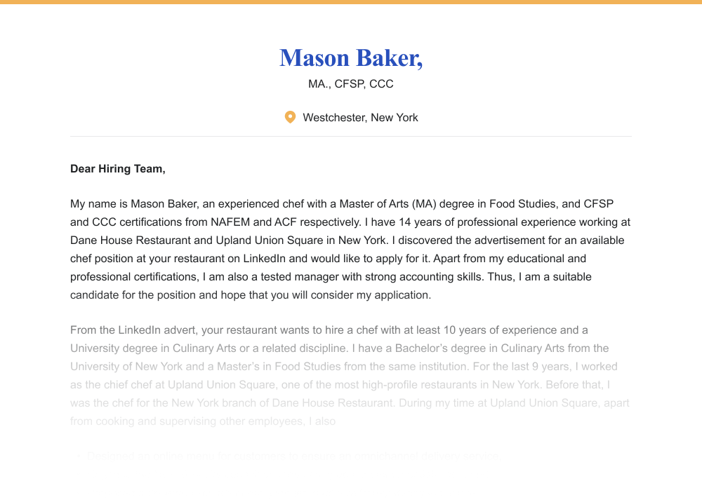 Chef Cover Letter Advice from HR Pros