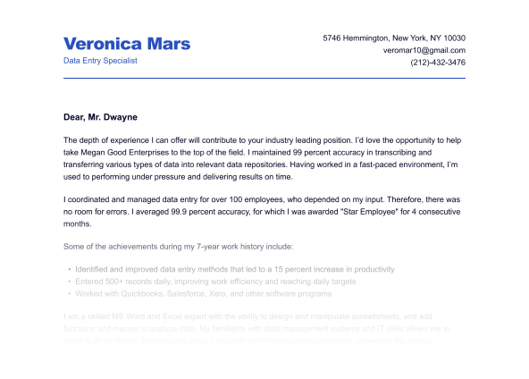 Data Entry Cover Letter Sample and Advice from HR Pros