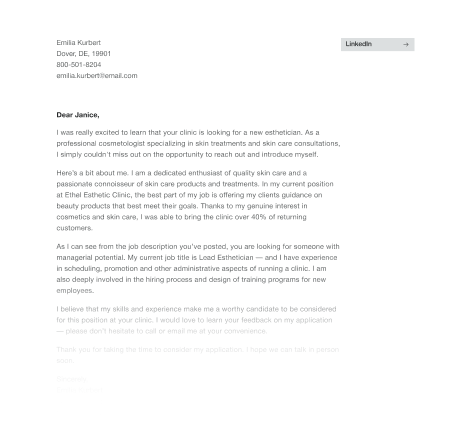 Esthetician Cover Letter Sample and Tips from HR Pros