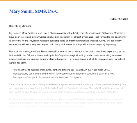 Sample Physician Assistant Cover Letter and Advice from HR Pros