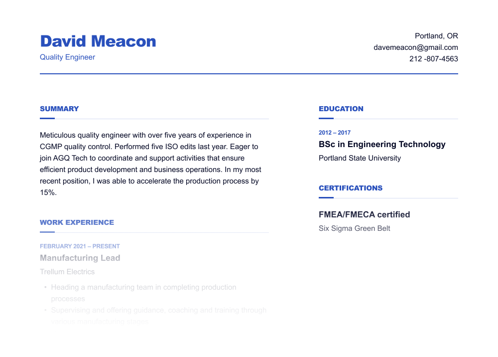 Quality Engineer Resume Example And Tips From Hr Professionals